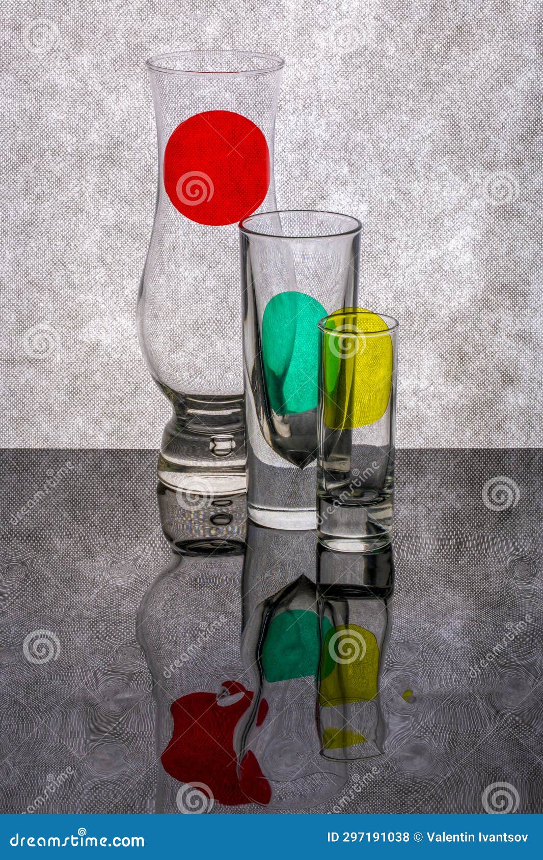 Still Life with Glass Objects with Colored Spots on a Reflective ...