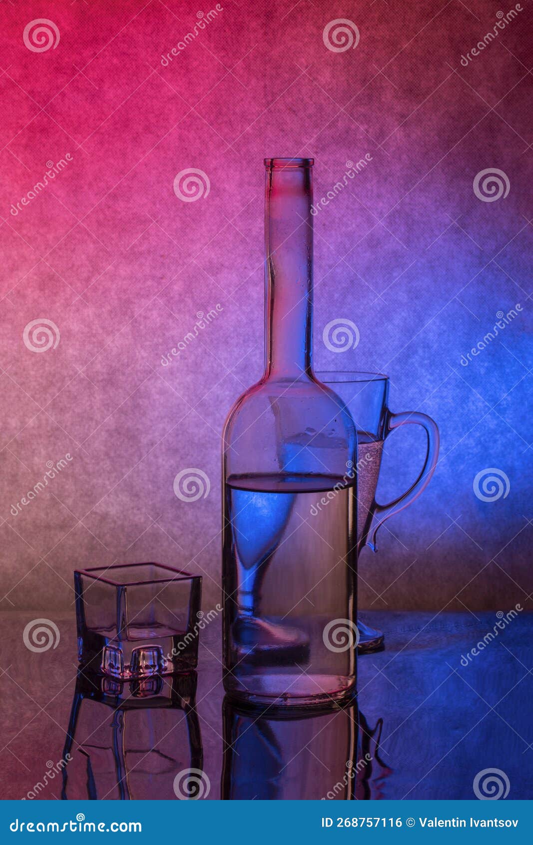 Still Life with Glassware with Liquid on a Red-blue Background Stock ...