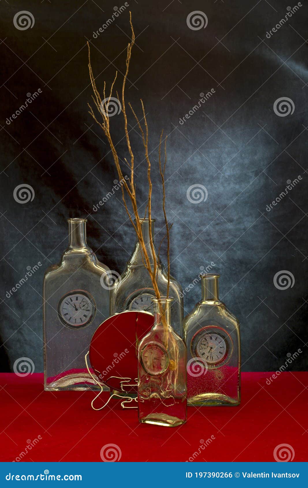 Still Life with Glassware on a Red Table Frozen Time Stock Photo ...
