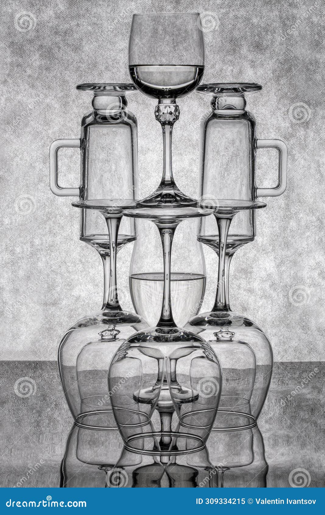 Still Life with Glassware on a Reflective Surface Stock Image - Image ...