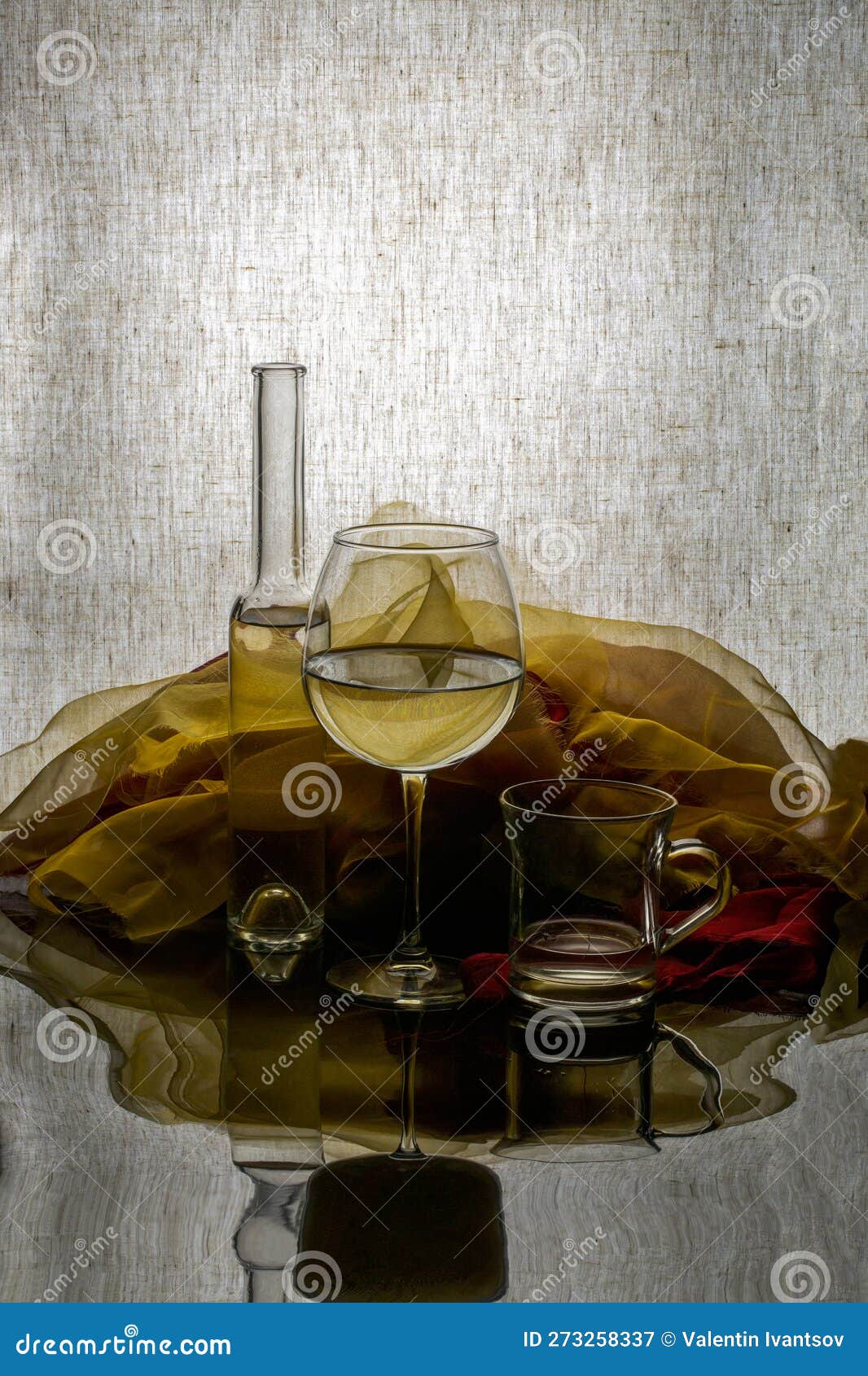 Still Life with Glassware on a Reflective Surface with Fabric Stock ...
