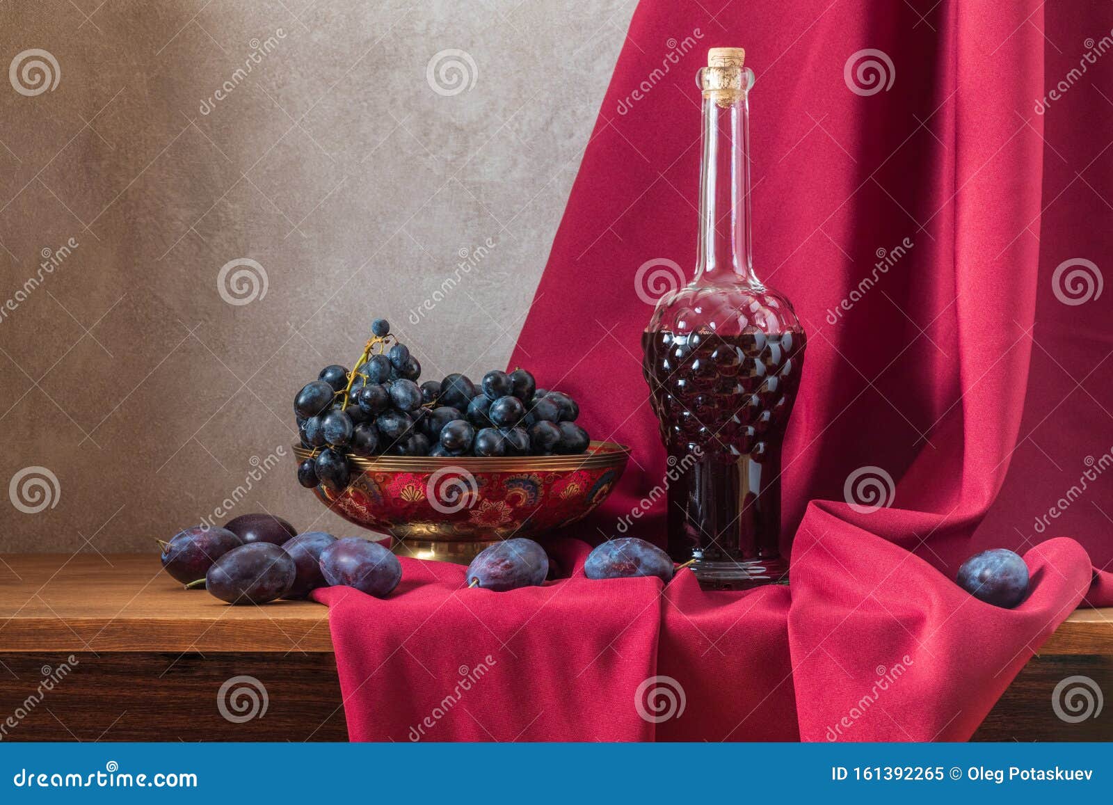 Still Life with Grapes and Plums on a Background of Dark Red Drapery ...