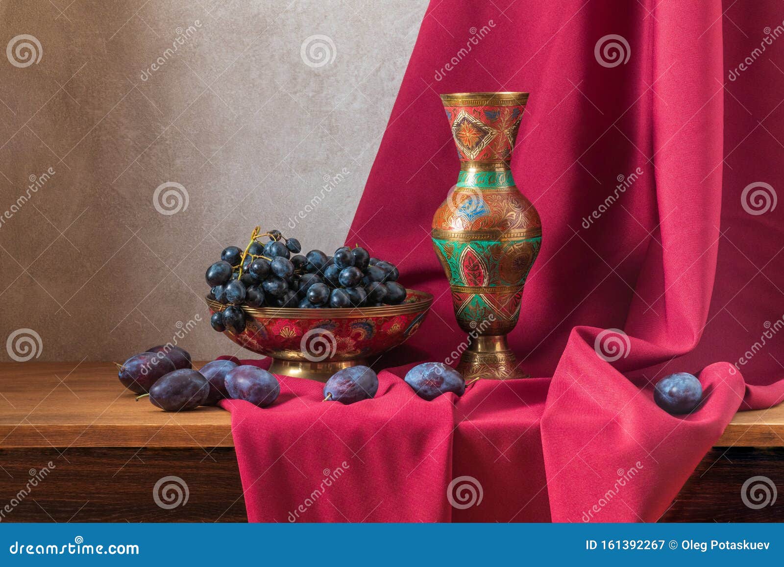 Still Life with Grapes and Plums on a Background of Dark Red Drapery ...
