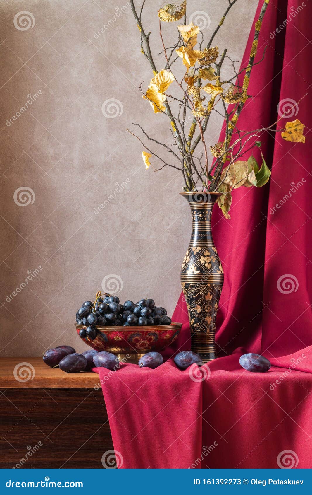 Still Life with Grapes and Plums on a Background of Dark Red Drapery ...