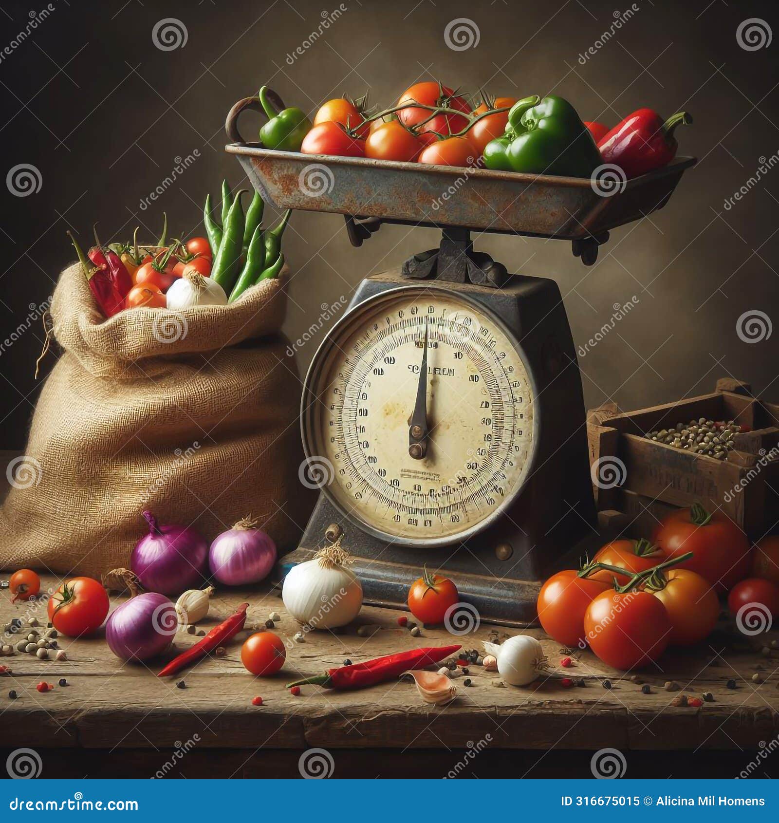 Still Life Image with an Old Scale, Vegetables and Fruit in a Rustic ...