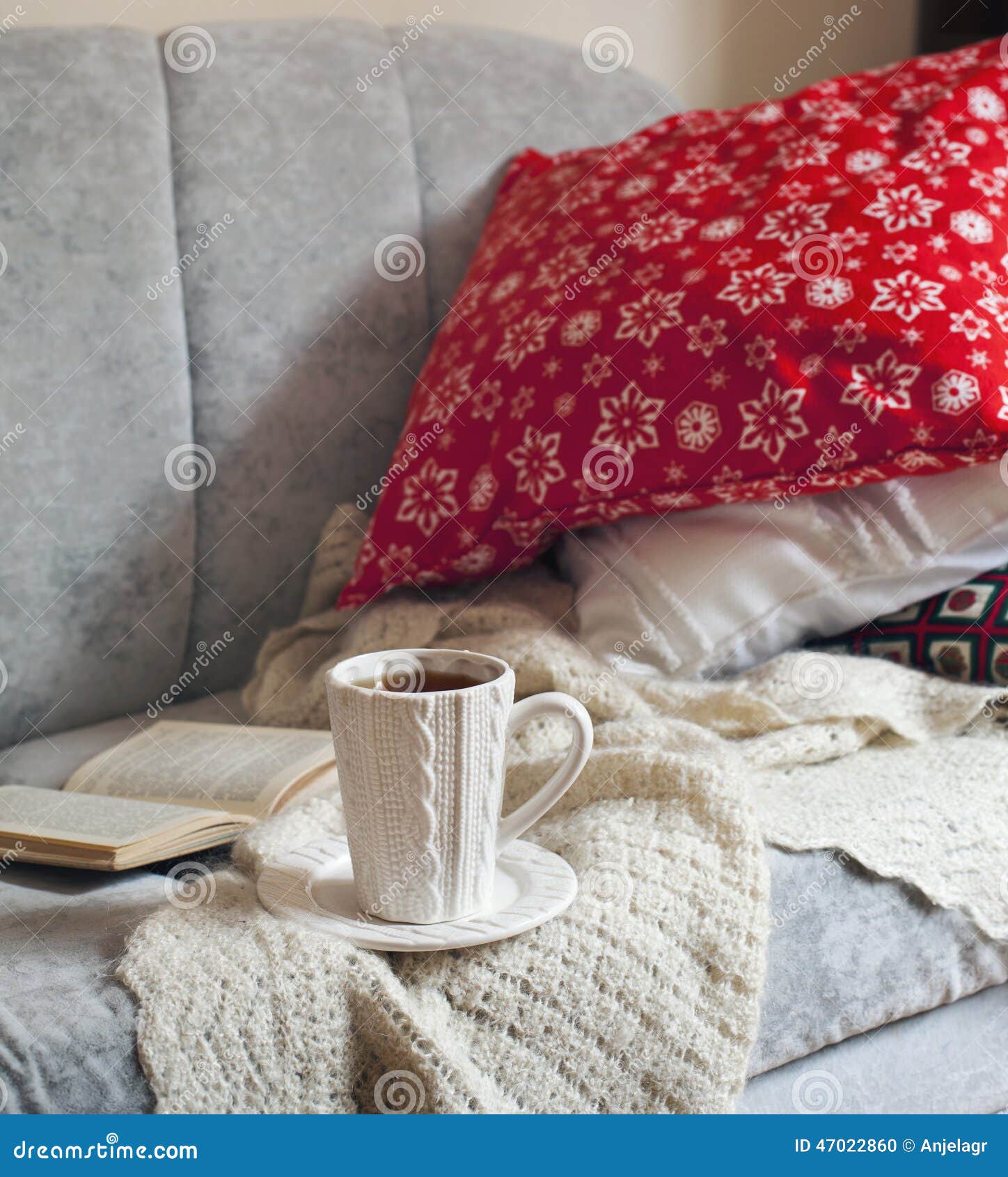Still Life Interior Details, Cup of Tea and Book on the Sofa Stock ...