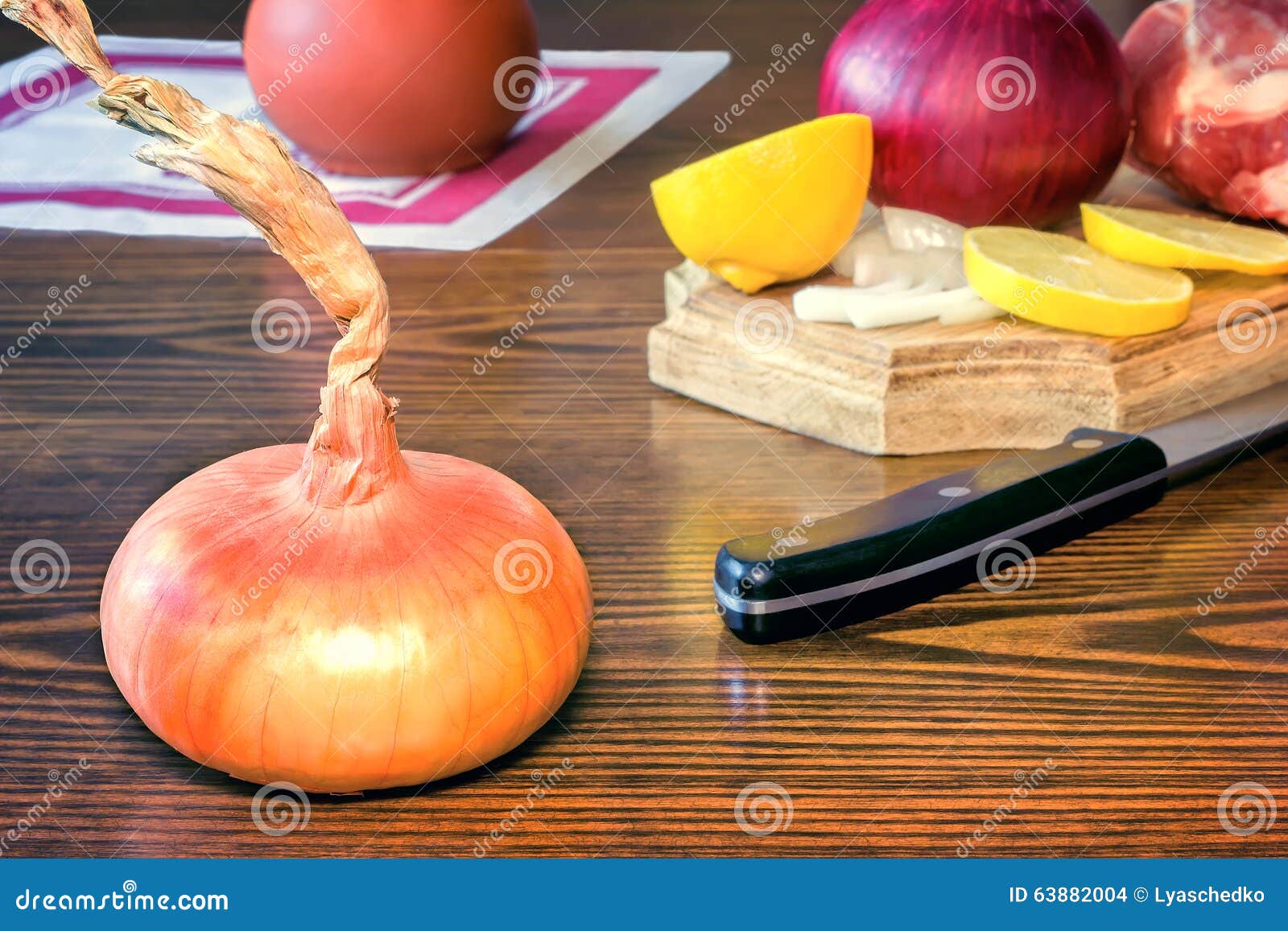 The Still Life: Large Onion and Lemon on the Table. Stock Photo - Image ...