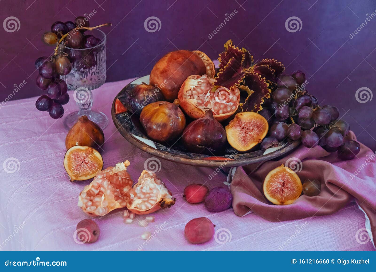 Still Life in Lilac Tones with Figs, Grapes and Pomegranate Stock Photo ...