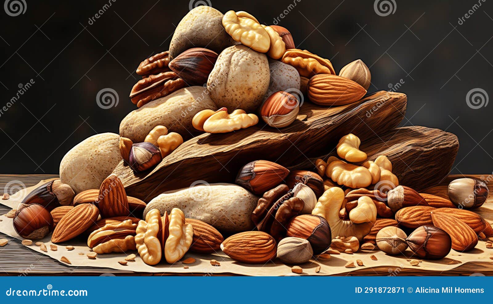 Still Life with Many Varieties of Nuts. Autumn Time Stock Illustration ...