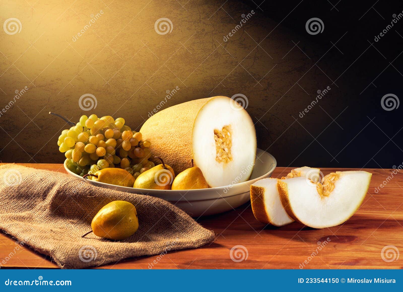 Still Life with Melon, Grape and Pear. Classic Composition. Soft Light ...