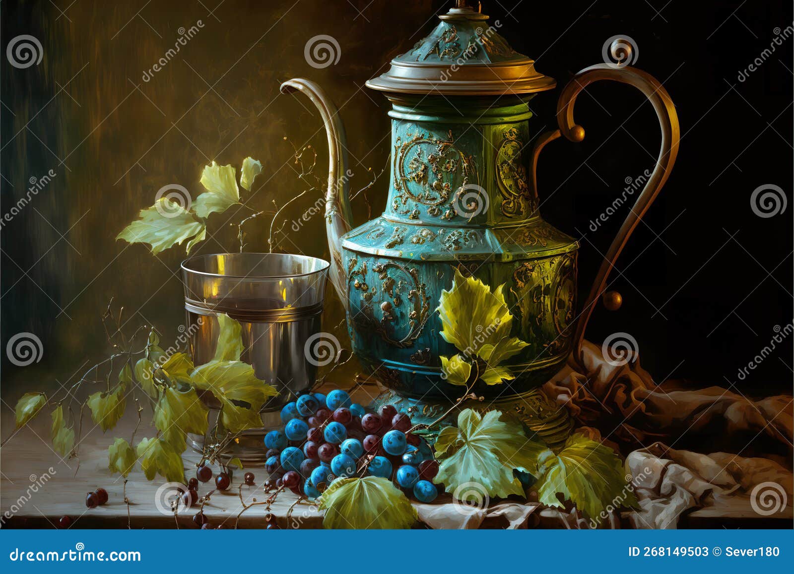 Still Life. a Metal Glass, Grape and a Painted Jug on an Table. 3D ...
