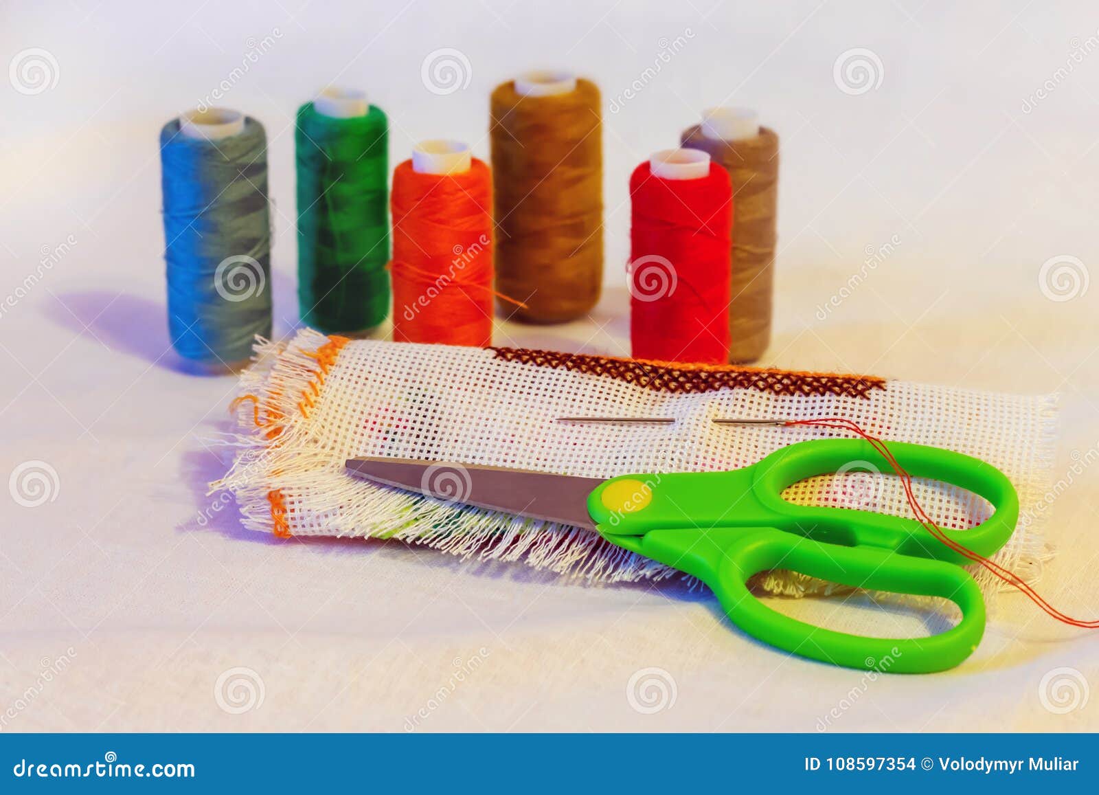 Still-life of Needlework: Cloth, Scissors, Thread, Needle_ Stock Photo ...