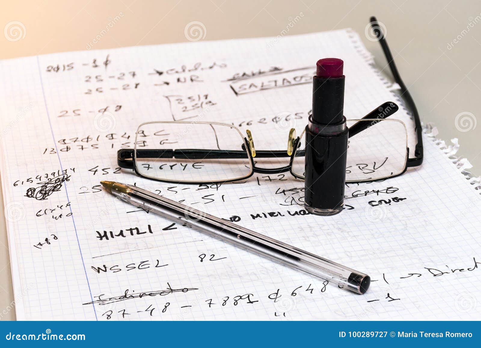 Still Life of Notes, Glasses, Pen and Lipstick Stock Image - Image of ...