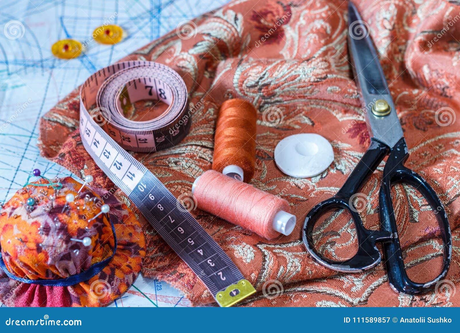 Still Life of Objects for Sewing: Threads, Scissors, Centimeter, Pins ...