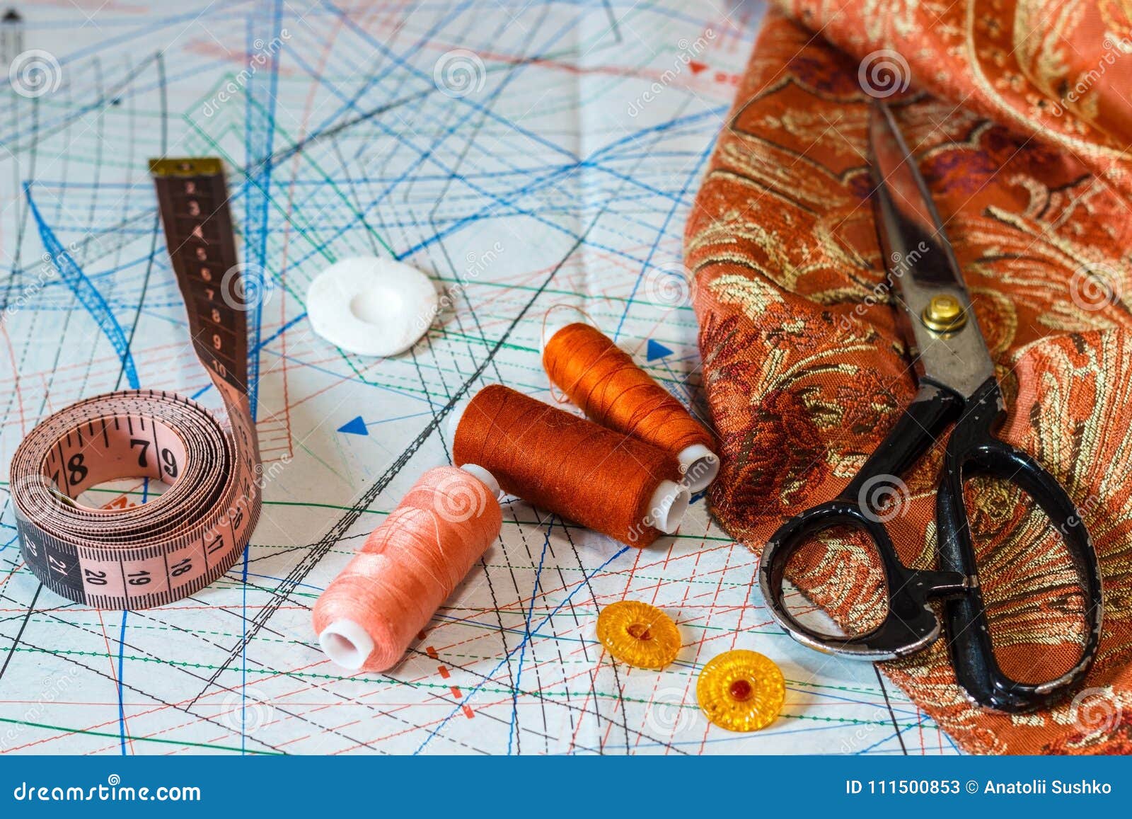 Still Life of Objects for Sewing: Threads, Scissors, Centimeter, Pins ...