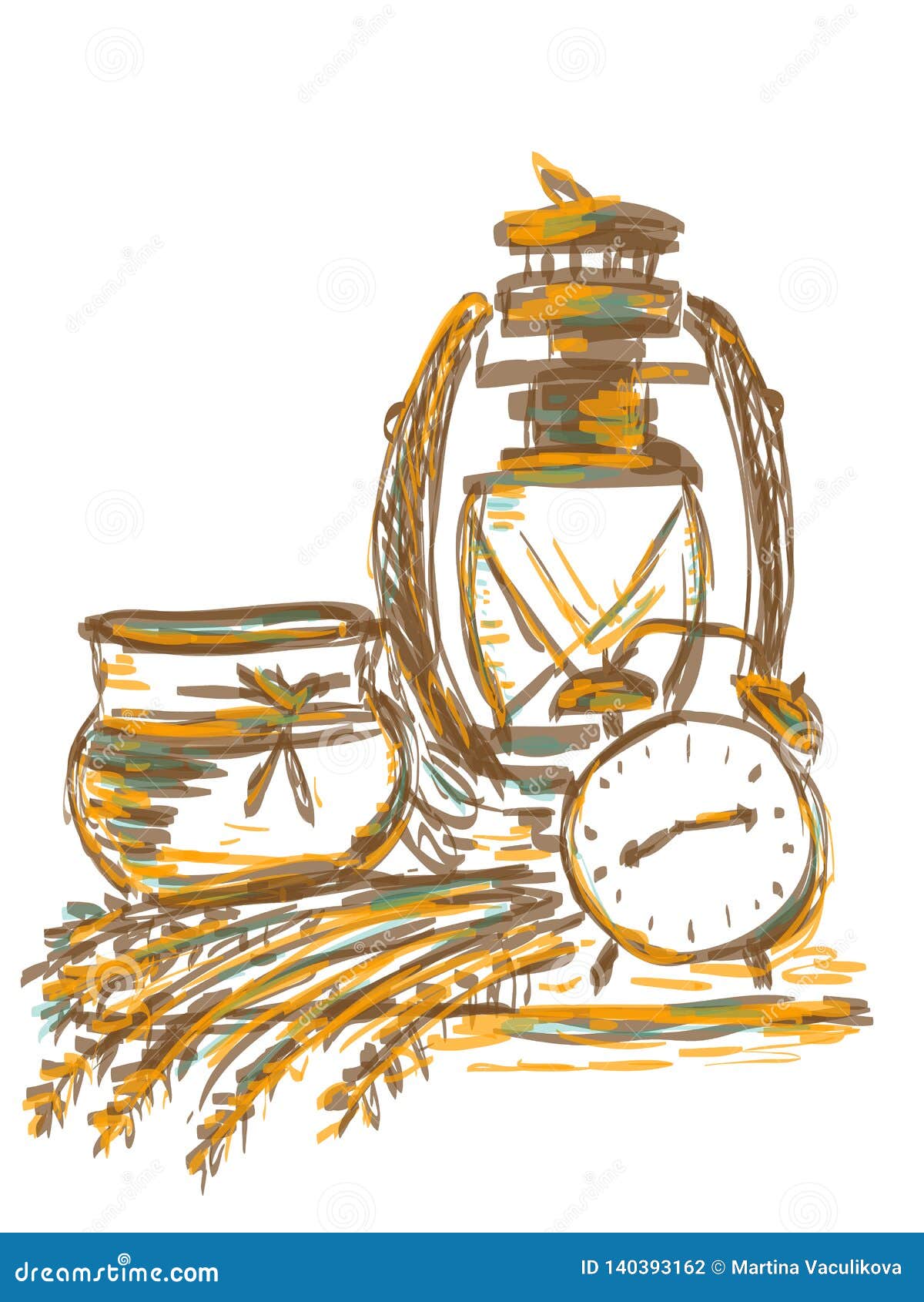 Still Life with an Old Lamp, Alarm Clock and Grain Stock Vector ...