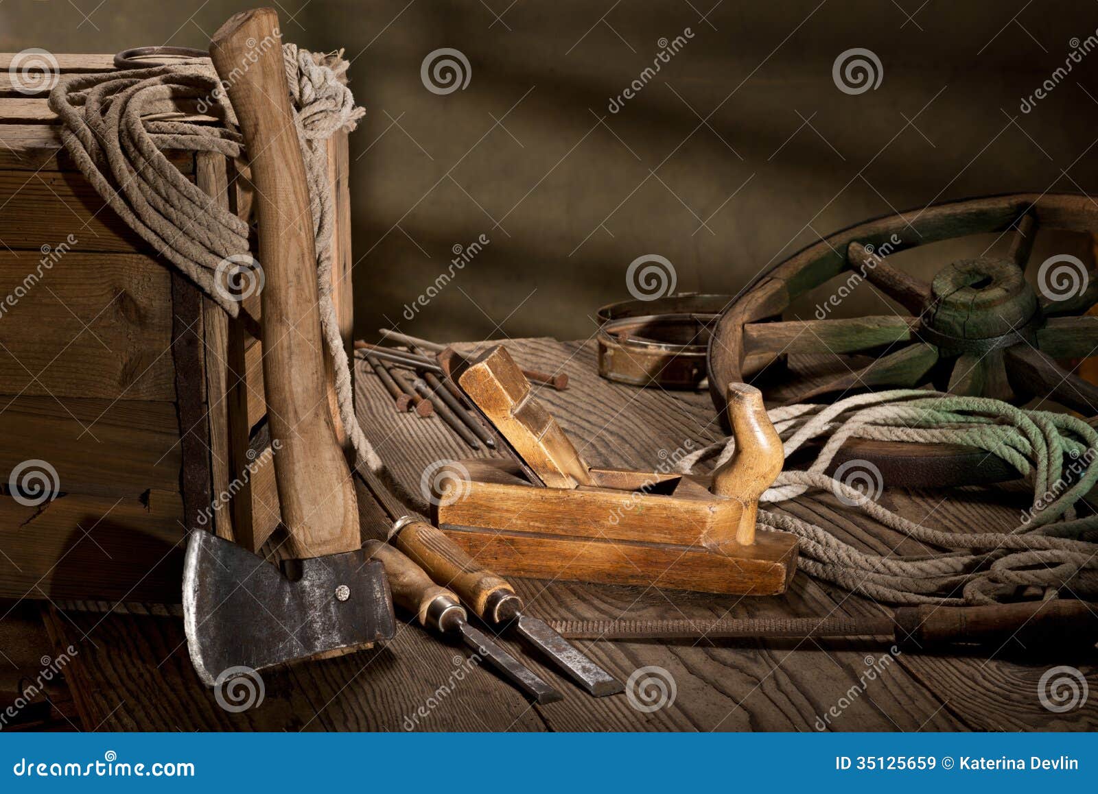 Still life with old tools stock image. Image of plank - 35125659
