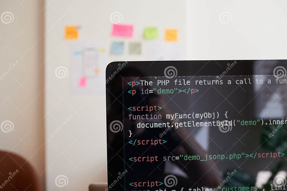 Still Life of PC Screen with Javascript Coding Demo, on Desk in Office ...