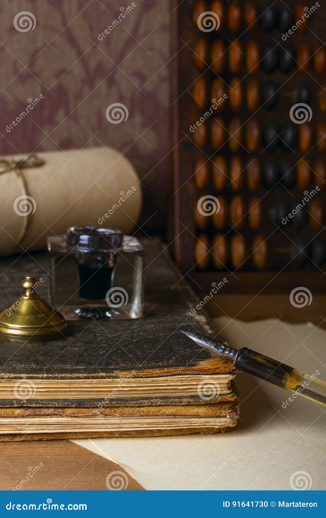 Still Life with Pen and Inkwell Stock Photo - Image of black, feather ...