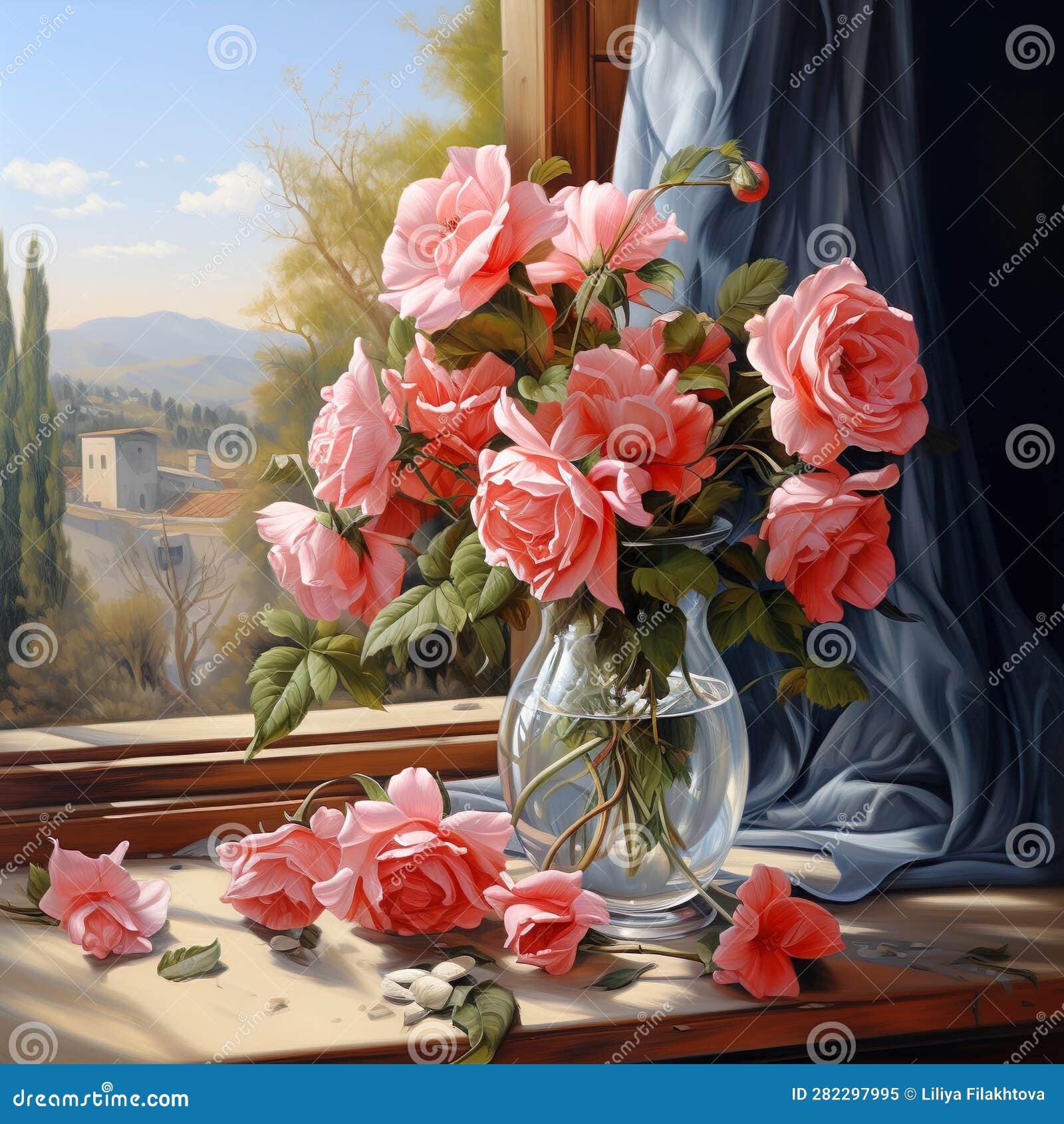 Still Life with Pink Roses, Illustration Generative AI Stock ...