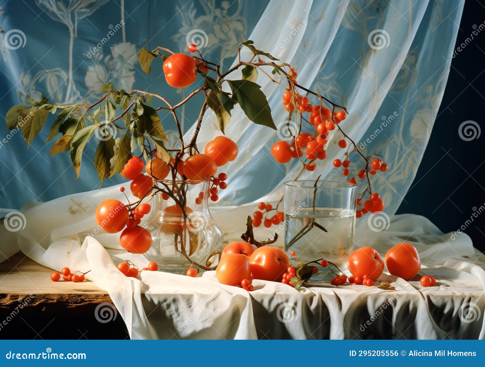 Still Life with Red and Ripe Persimmons in Front of a White Curtain. AI ...