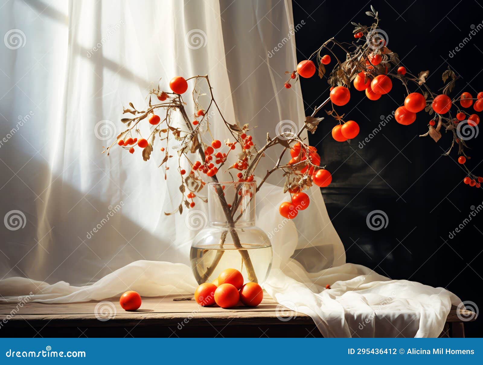 Still Life with Red and Ripe Persimmons in Front of a White Curtain. AI ...