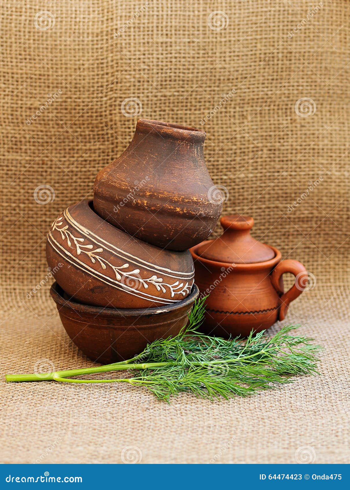 Still Life in a Rustic Style with Pottery and Herbs. Stock Image ...