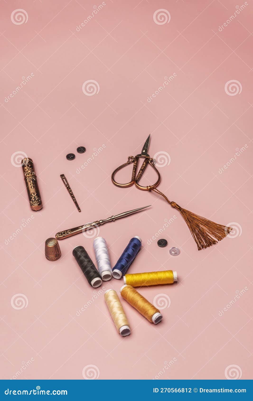 Still Life of Sewing Kits with Spools of Colored Threads, Items and ...