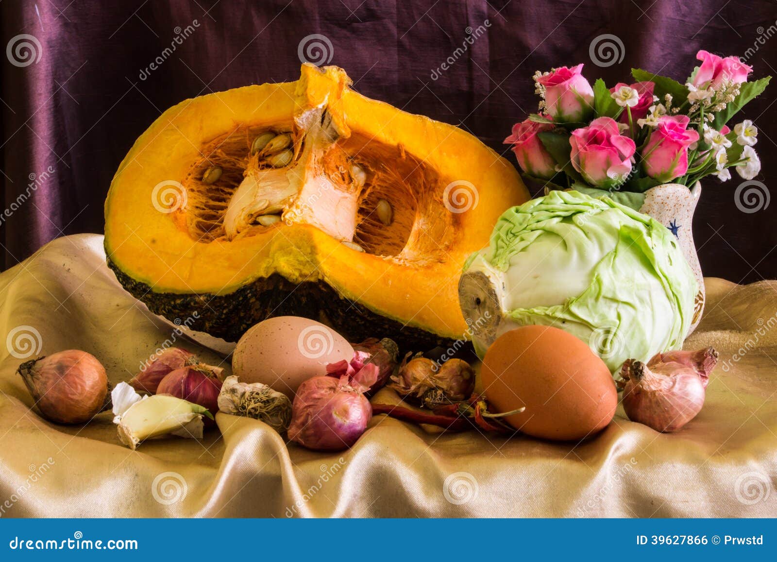 Still Life Split Pumpkin, Vegetable and Eggs Stock Photo - Image of ...