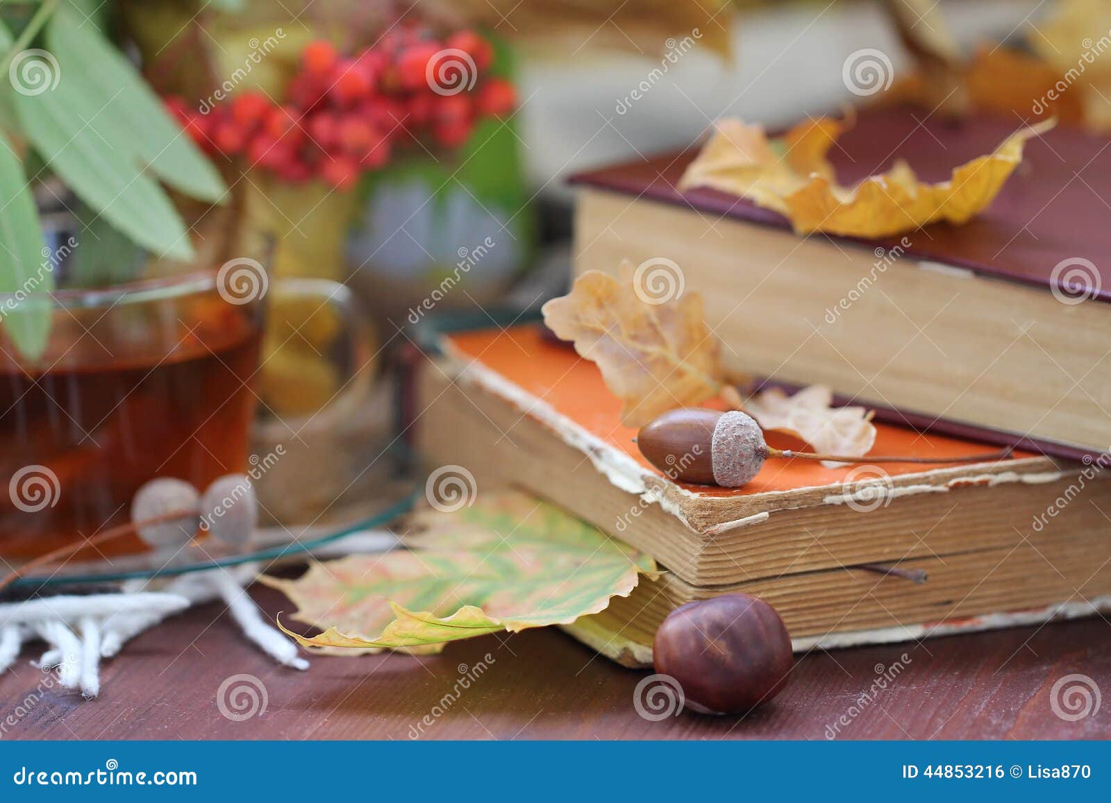 Still Life with Tea, Books and Leaves in Autumn Stock Photo - Image of ...