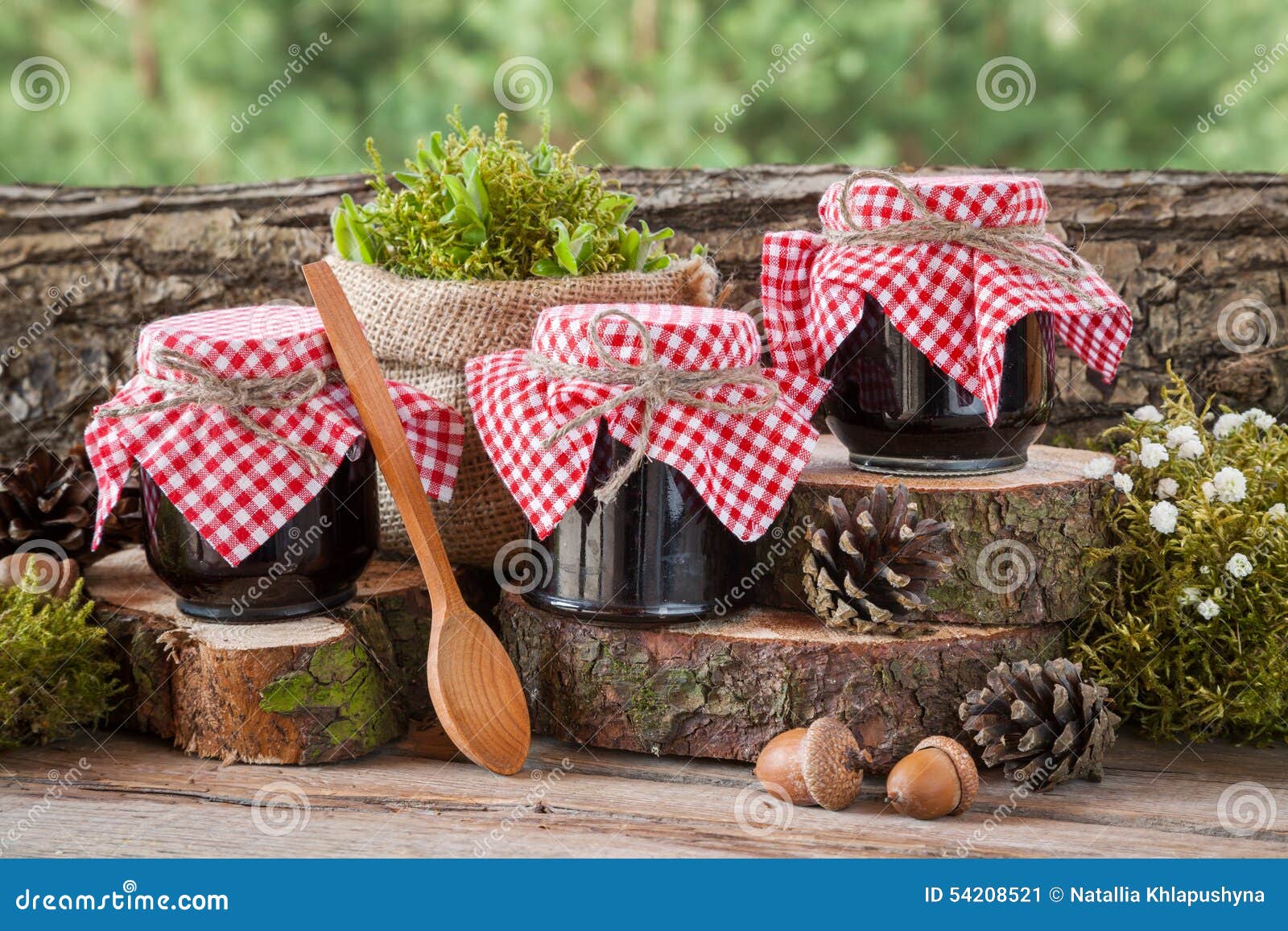 Still Life with Three Jars of Fruit Jam and Decoration Stock Image ...