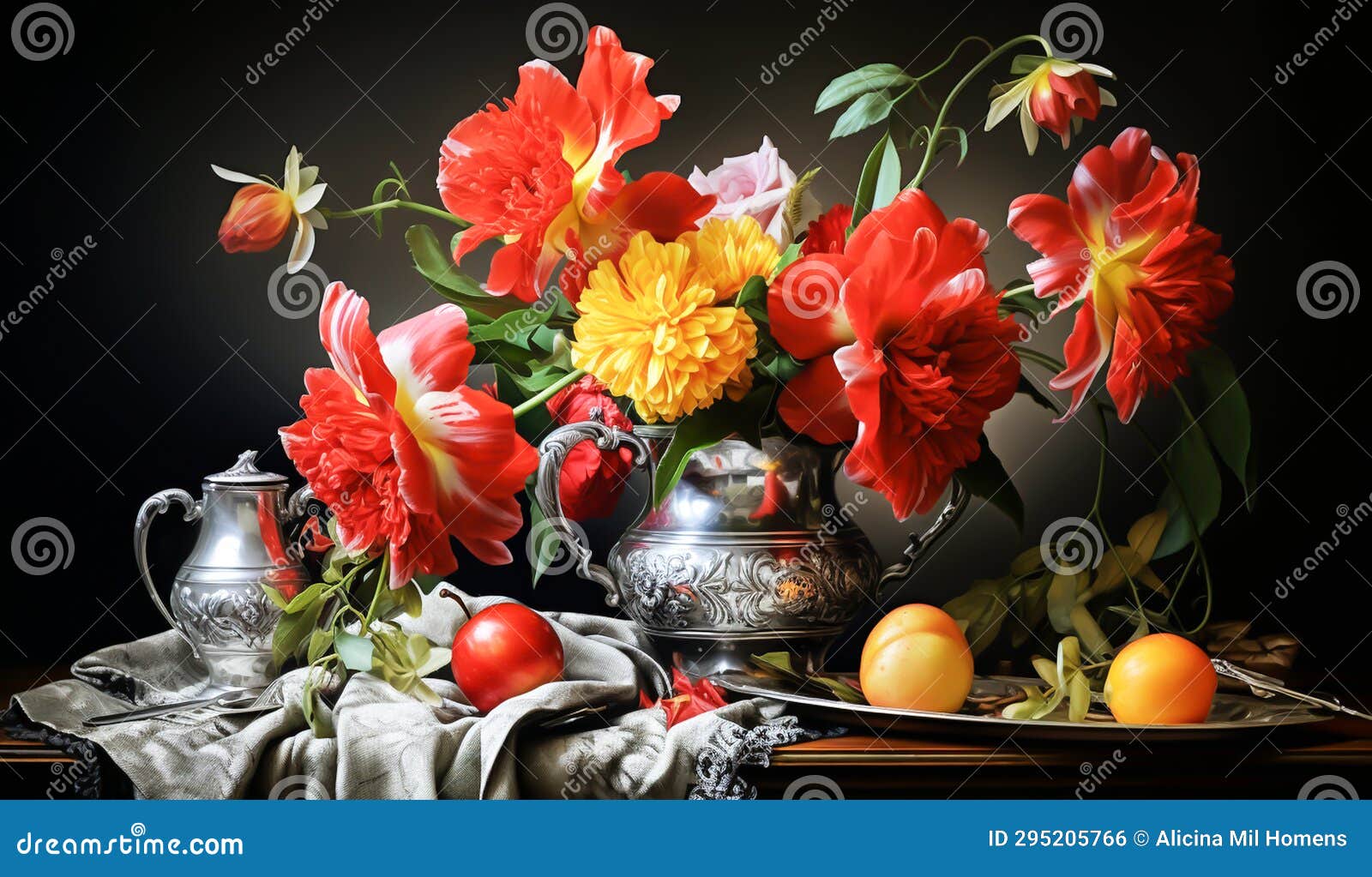 Still Life with Tin Pieces and Fresh Flowers. AI Generative Stock ...