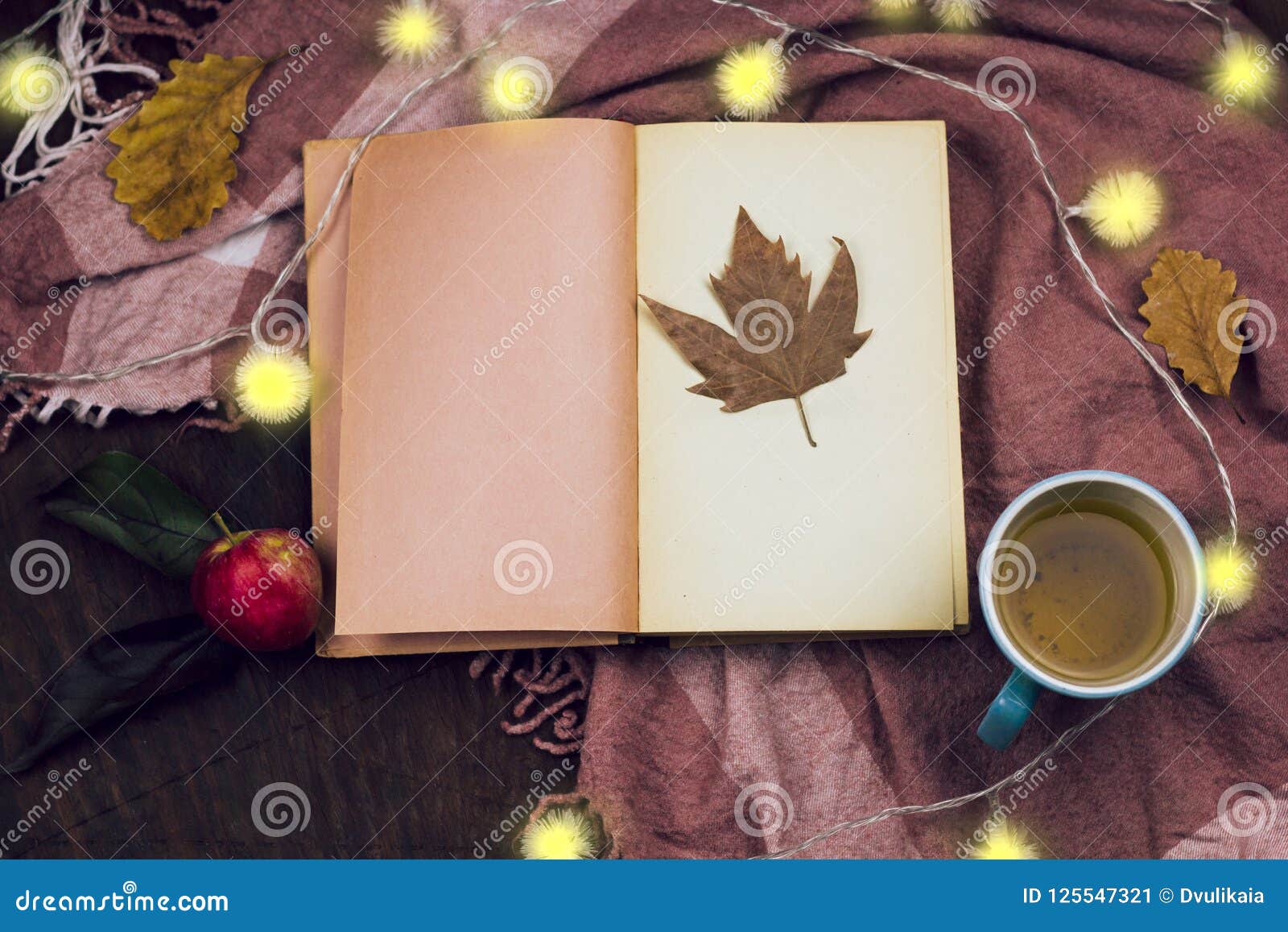 Still Life with Top View Apple, Tea and Vintage Book Stock Image ...