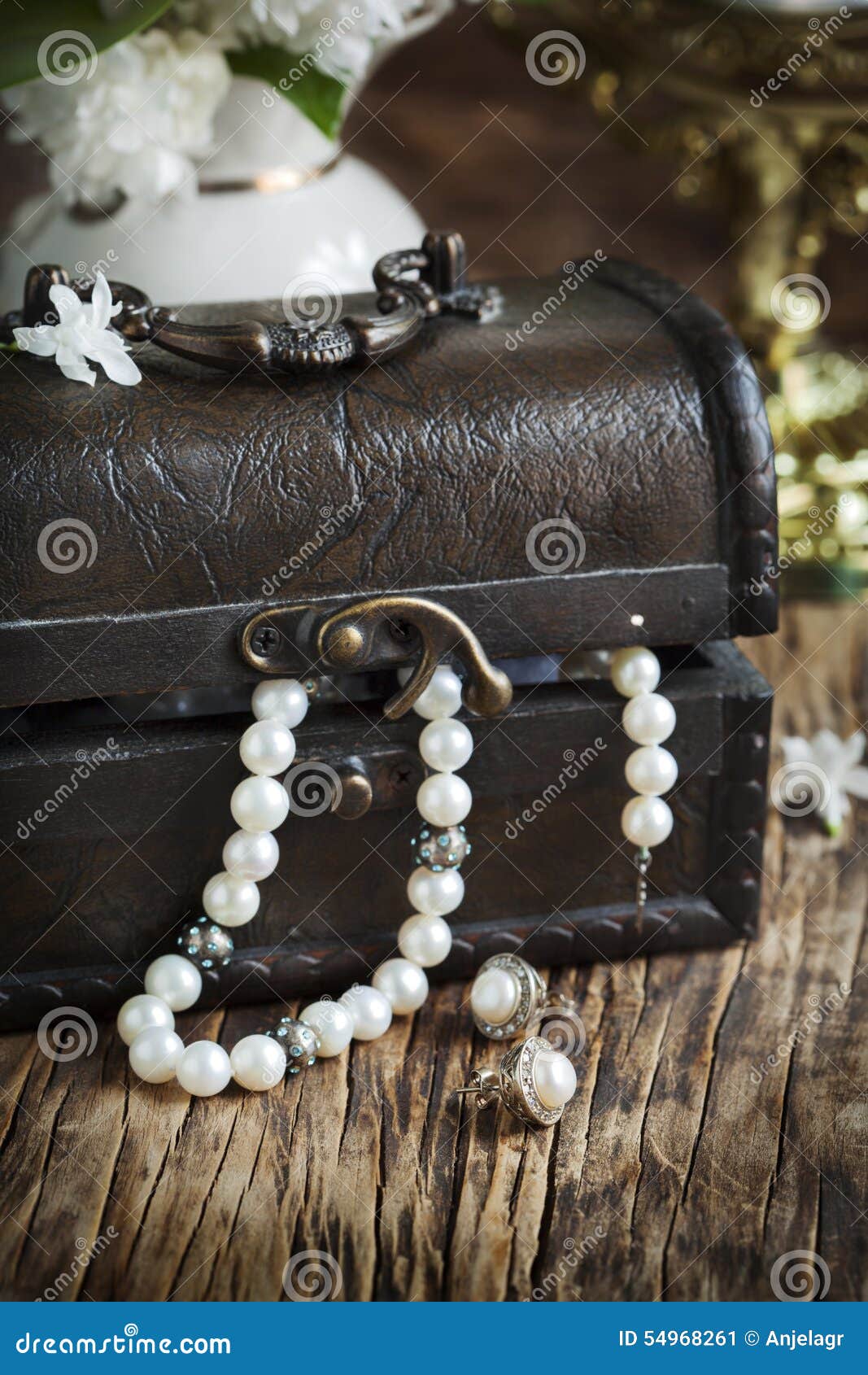Still Life With Treasure Chest And Pearl Necklaces Stock Image Image