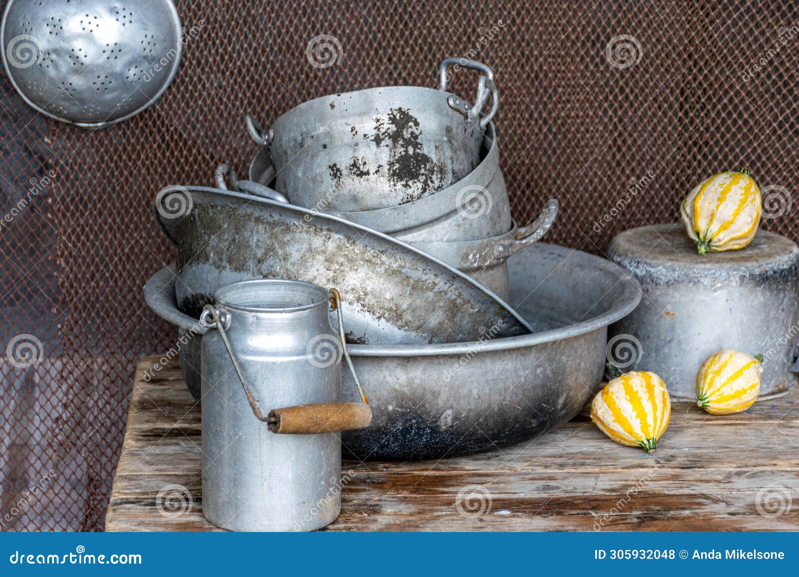 Still Life with Various Old Aluminum Objects, Historical Dishes Stock ...