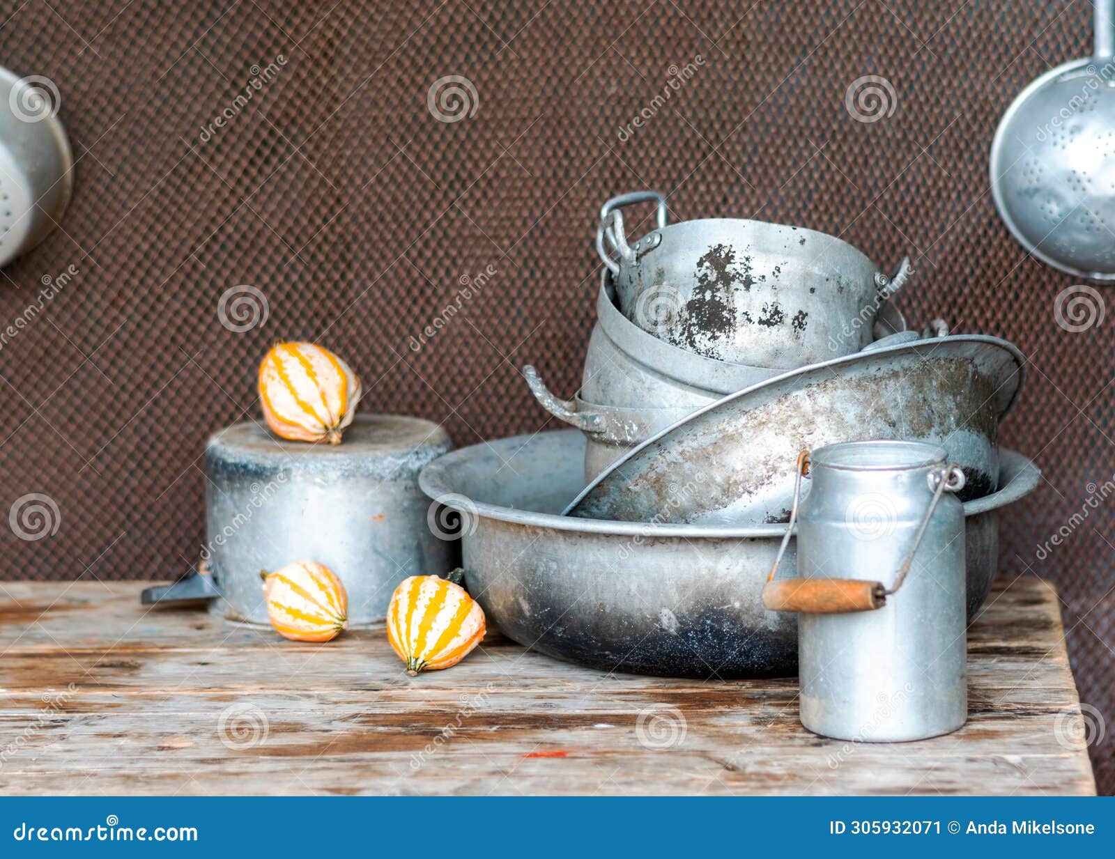 Still Life with Various Old Aluminum Objects, Historical Dishes Stock ...