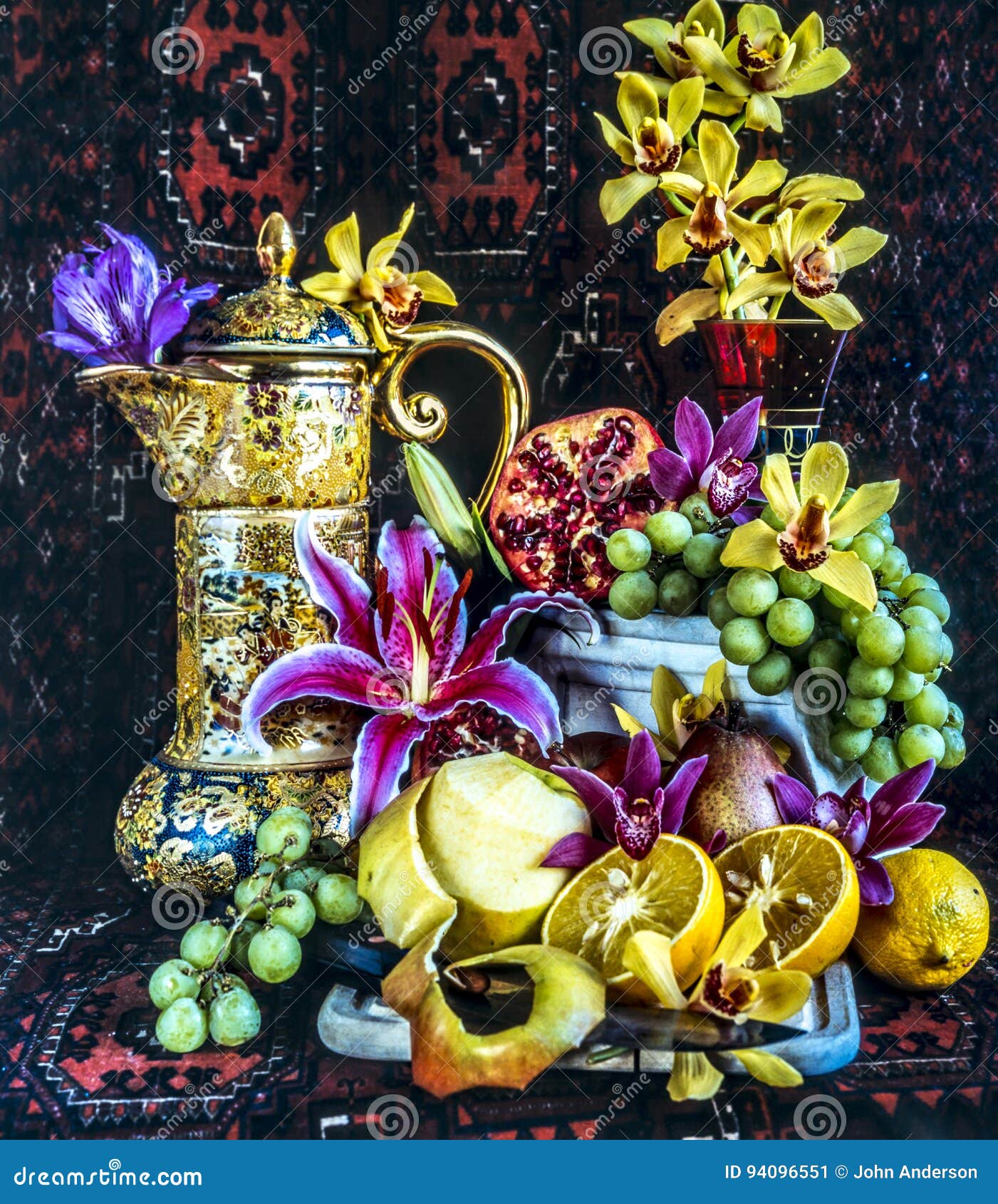 Still Life with Vase Rug and Fruit Stock Image - Image of orchid, fruit ...