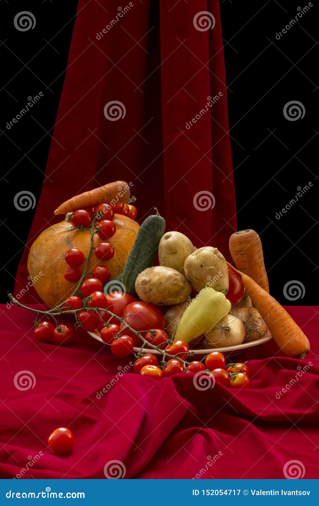 Still Life with Vegetables on Red Cloth Stock Image - Image of ...