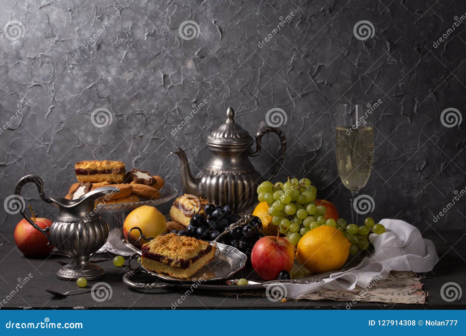 Still Life with Vintage Items, Fruits and Sweets Stock Photo - Image of ...