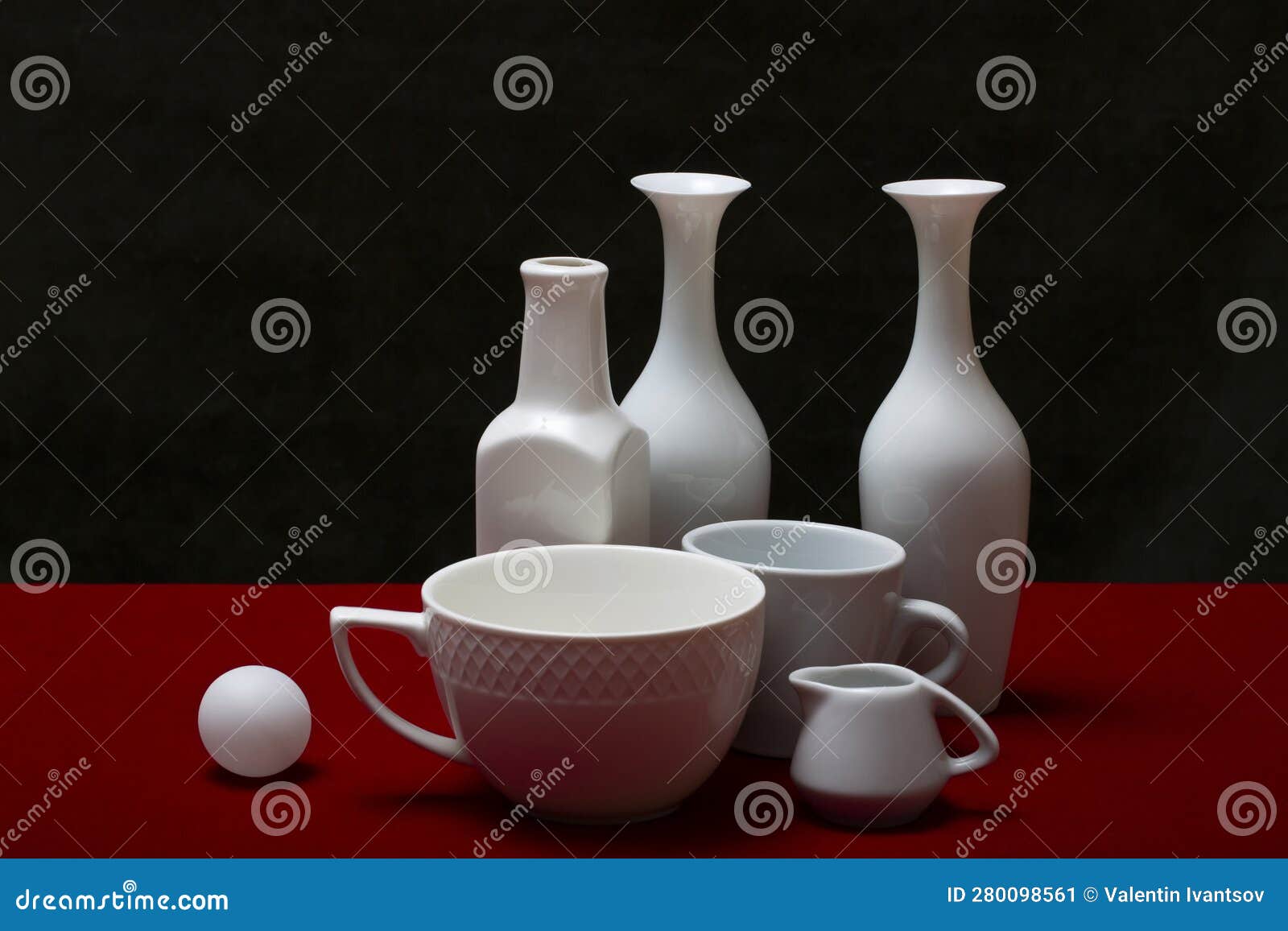 Still Life with White Dishes on a Red Table Stock Image - Image of ...