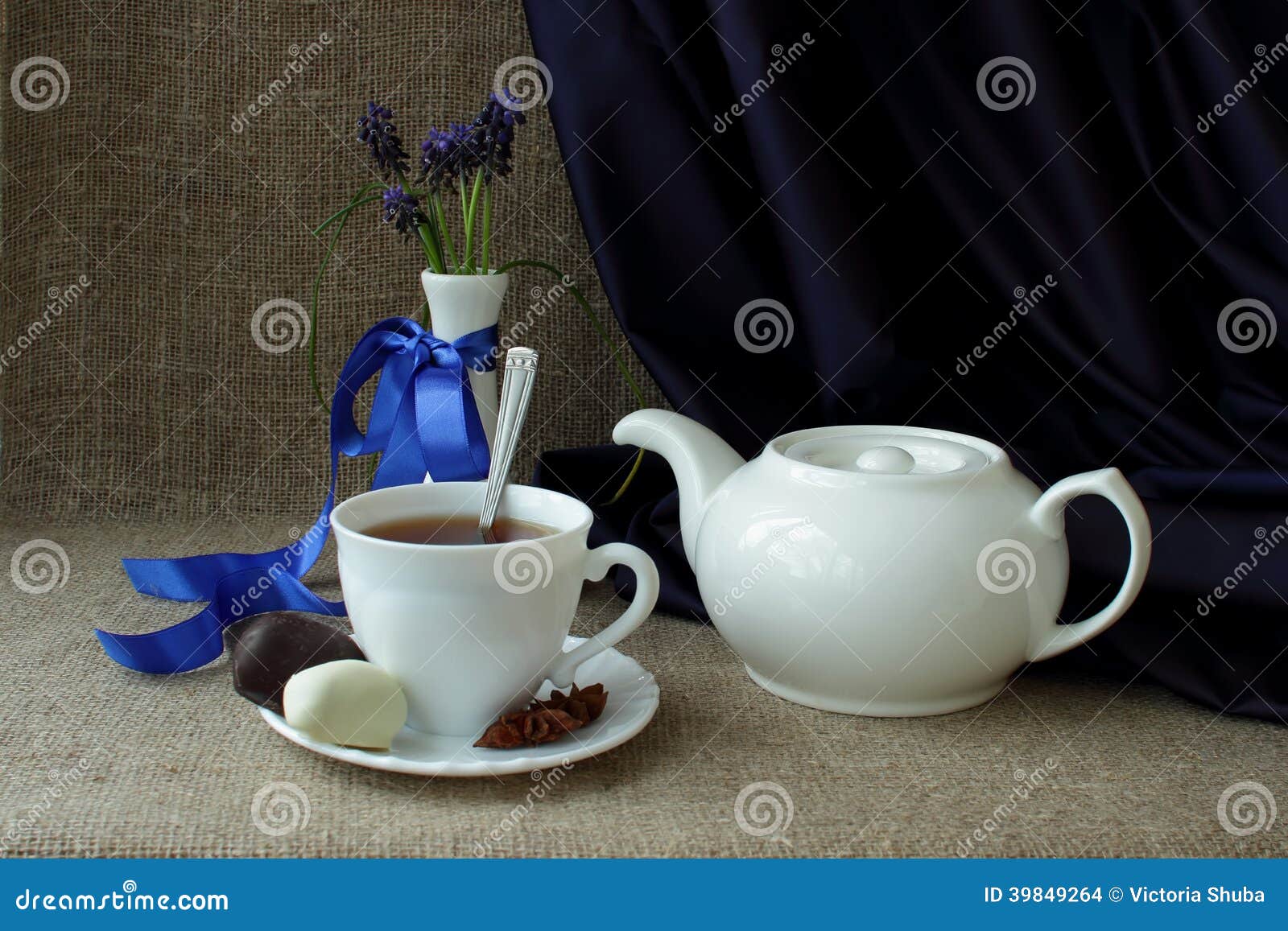 Still Life with White Tea Service and Spring Flowers Stock Photo ...