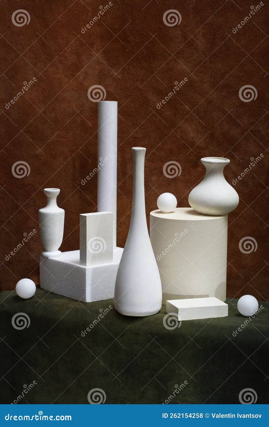Still Life with White Vases and White Figures Stock Photo - Image of ...