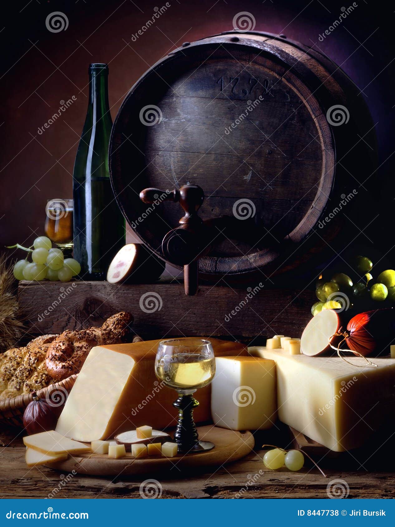 Still Life with Wine and Cheese Stock Photo - Image of barrel ...
