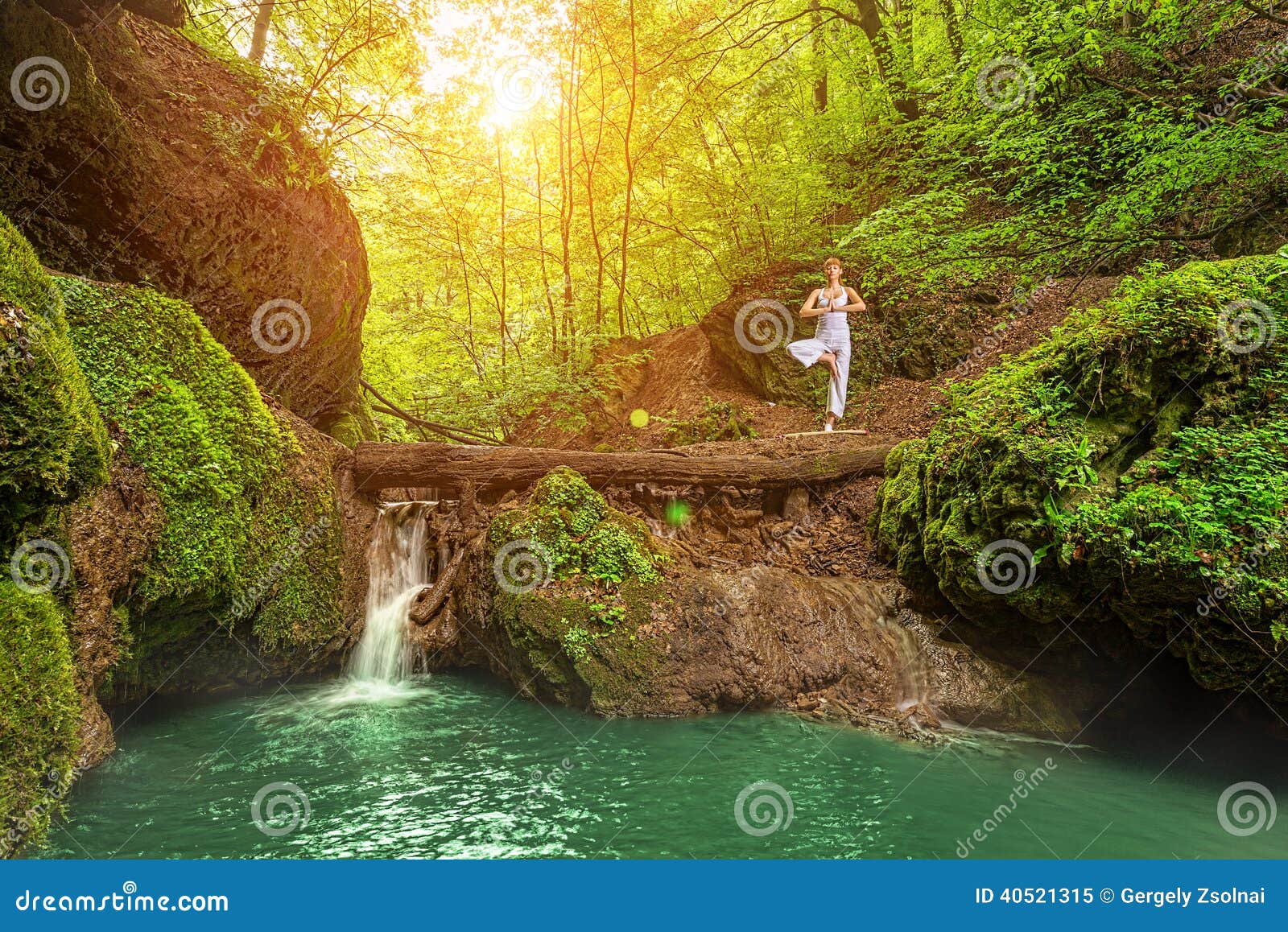 Still, Relaxation, Woman Practices Yoga at the Waterfall Stock Image ...