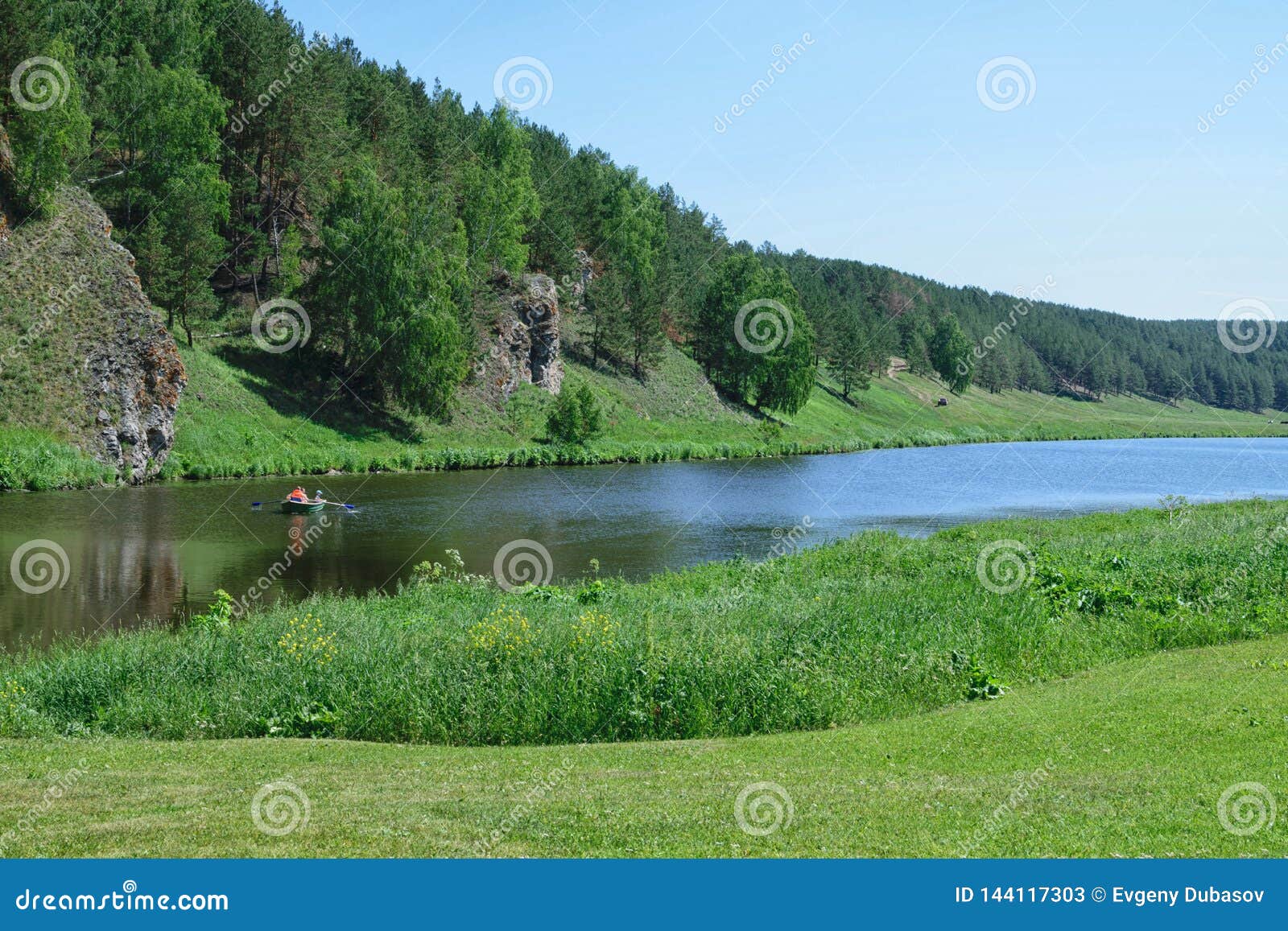 Still River with Green Forest on Coast and Clear Sky Stock Image ...