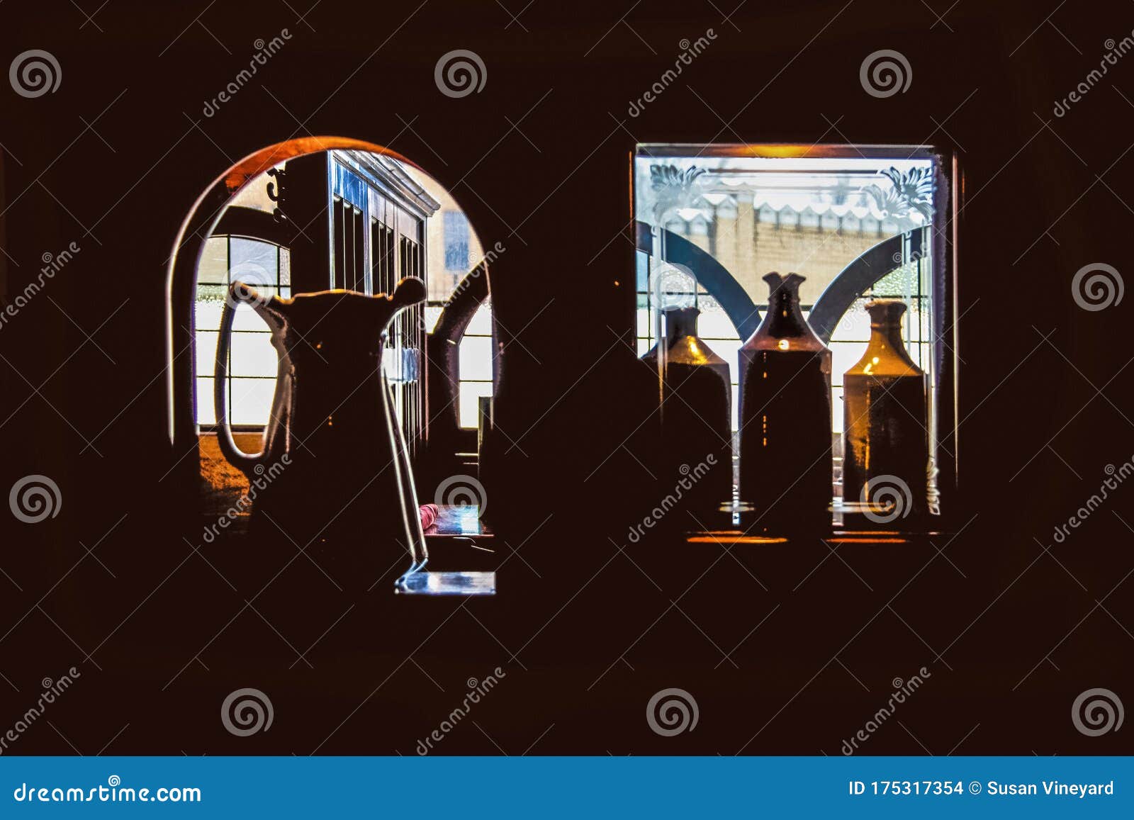 Stilllife View Of Windows Through Cubbies With Etched Glass In A Dark ...