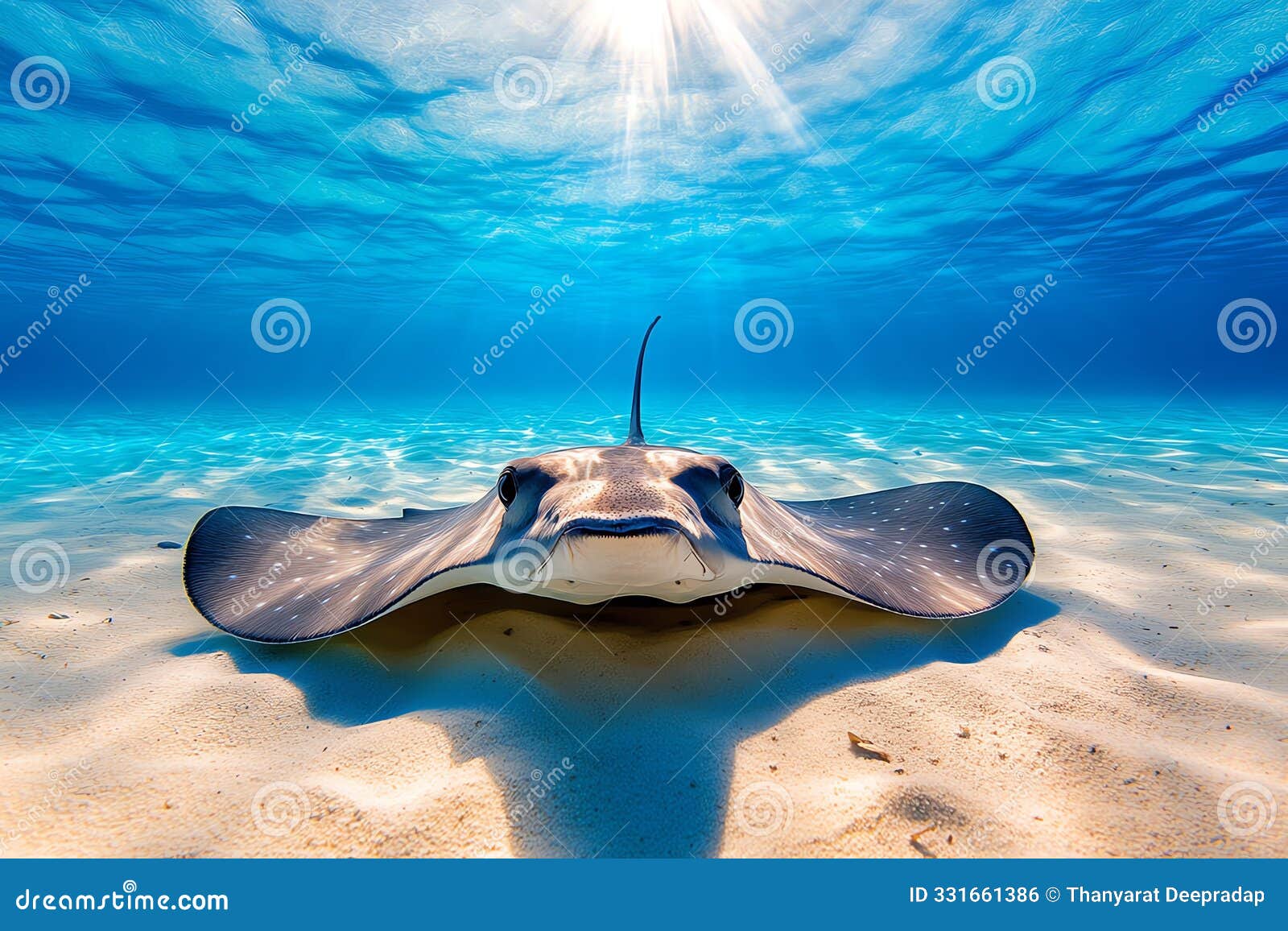 A Stingray Rests on the Sandy Bottom of a Clear Blue Ocean. Sunlight ...