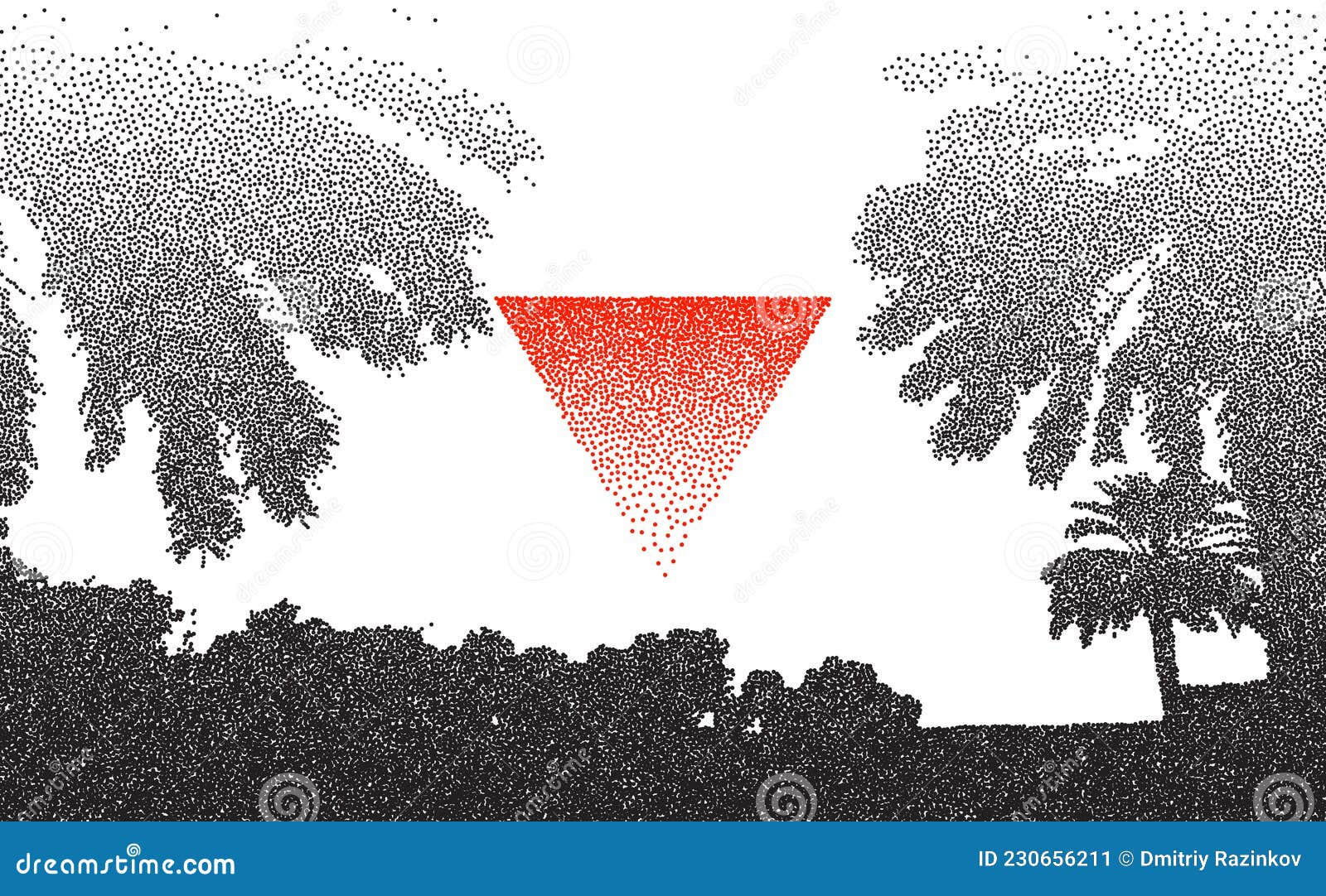 Stipple Retro Palms Sunset. Palm Tree Beach Vector Background. Dotwork ...