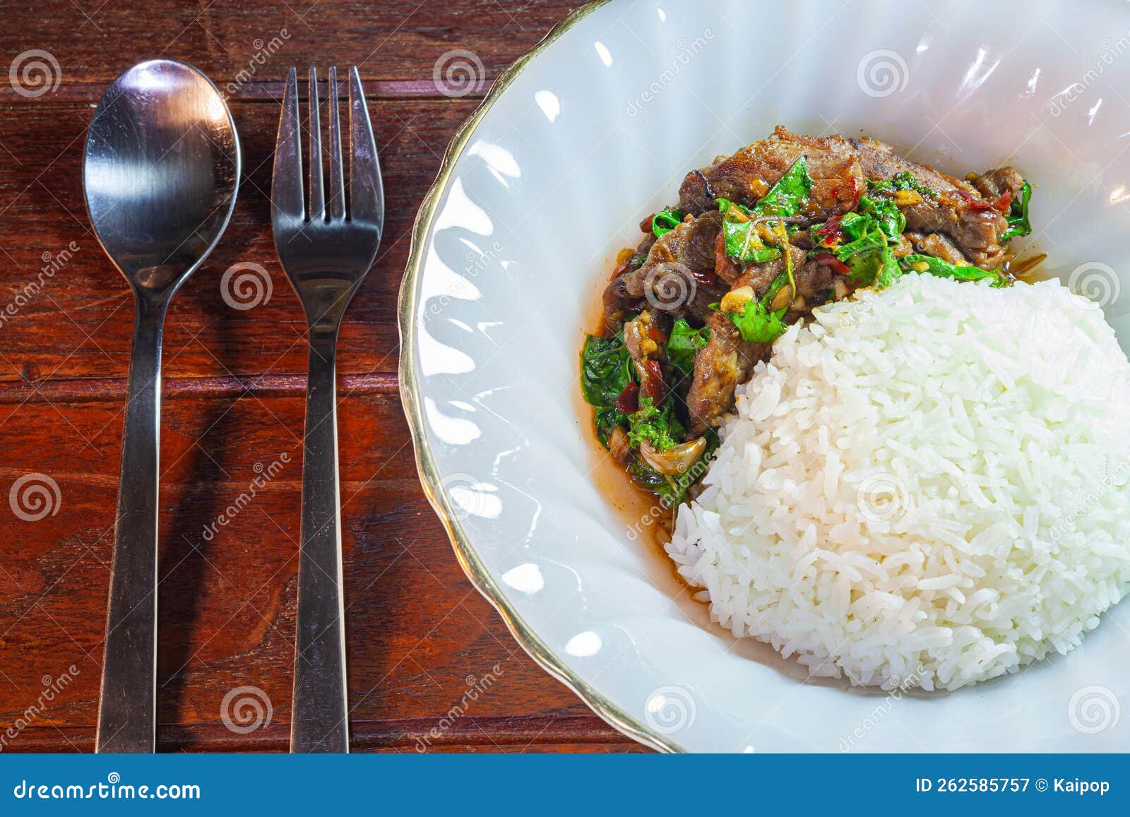 Stir Fried Basil with Beef on Rice Stock Image - Image of meal, dinner ...