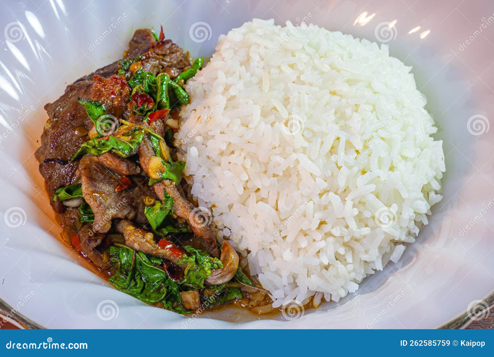 Stir Fried Basil with Beef on Rice Stock Image - Image of chilli ...